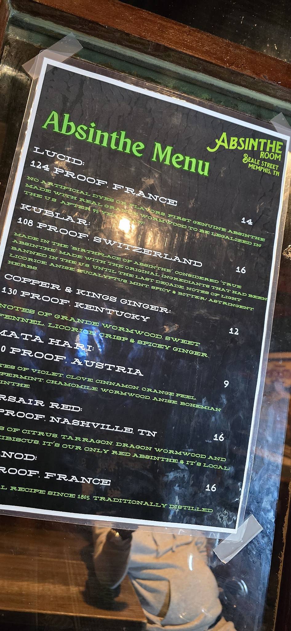 Menu at The Absinthe Room pub & bar, Memphis