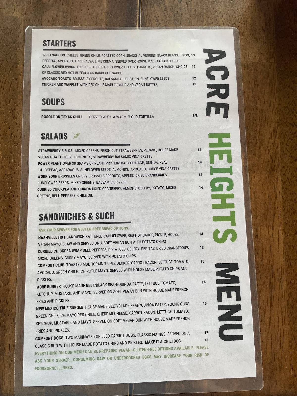 Menu at The Acre restaurant, Albuquerque
