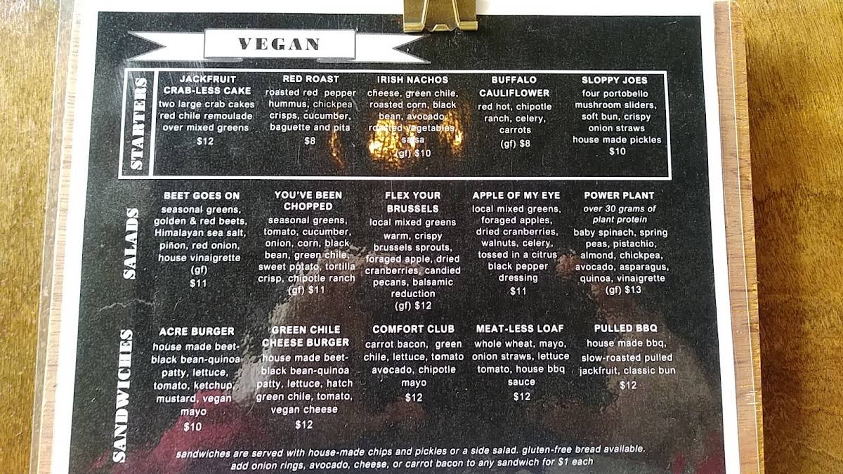 Menu at The Acre restaurant, Albuquerque