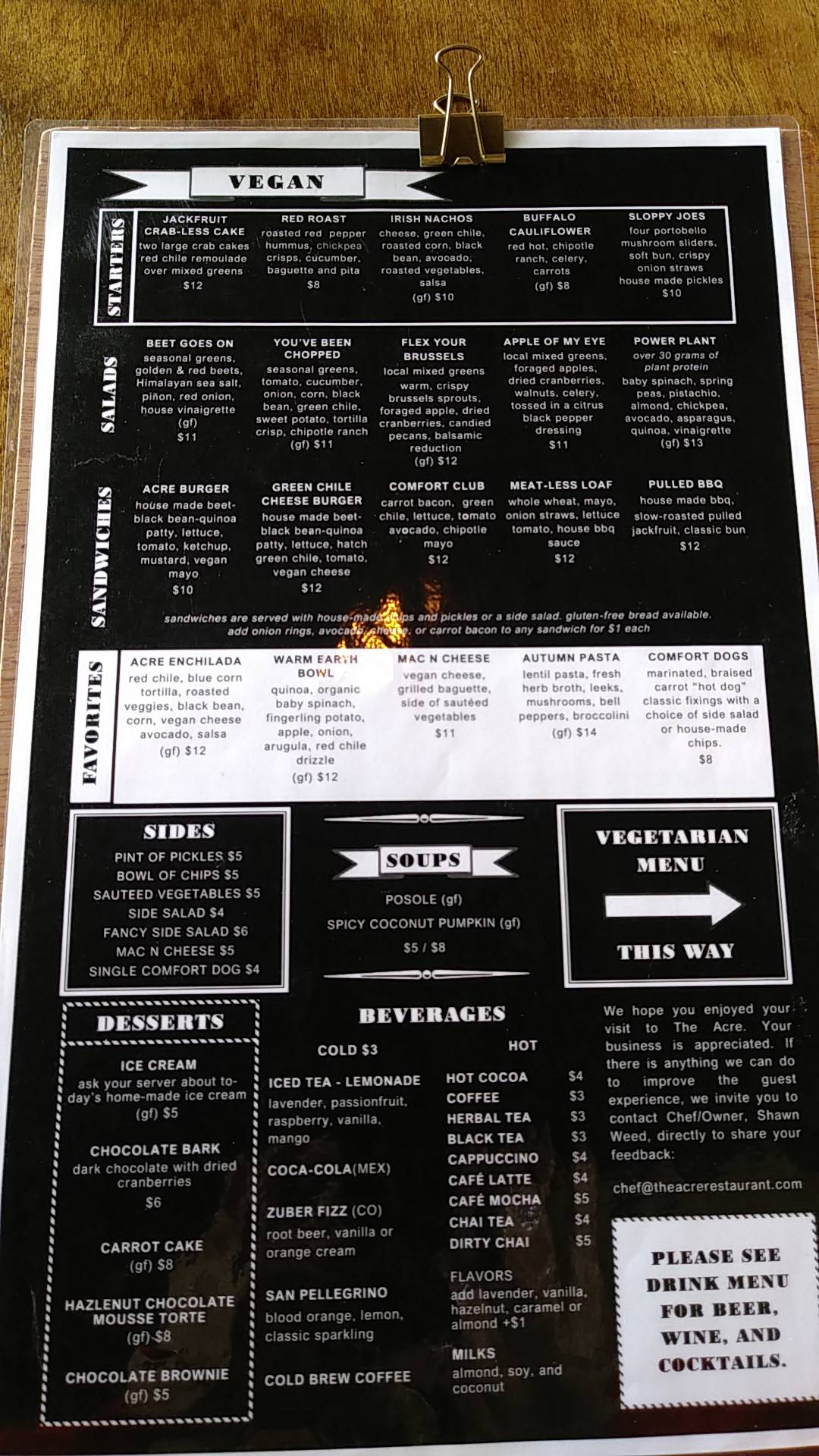 Menu at The Acre restaurant, Albuquerque
