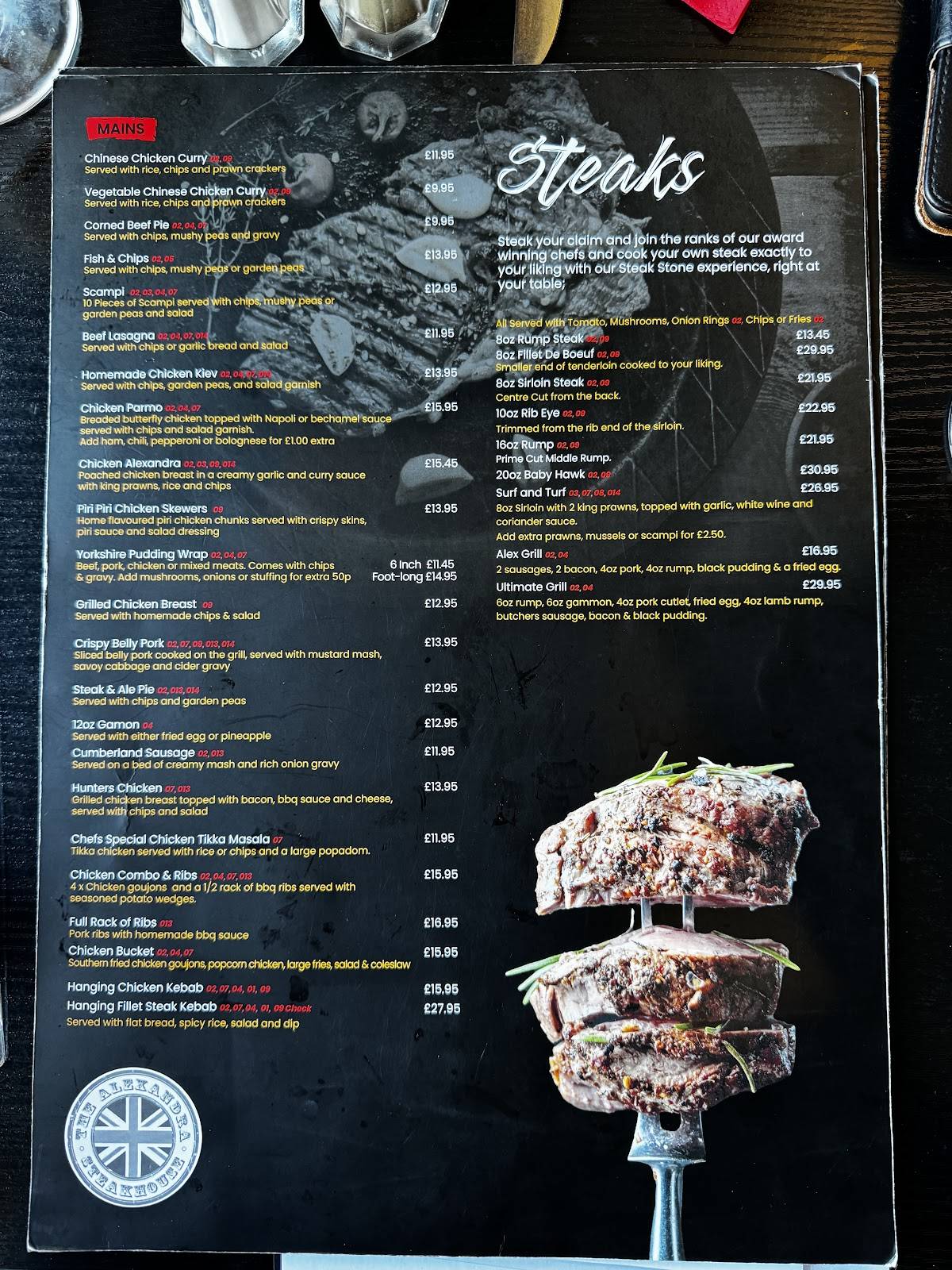 Menu at The Alexandra Steakhouse, Sunderland