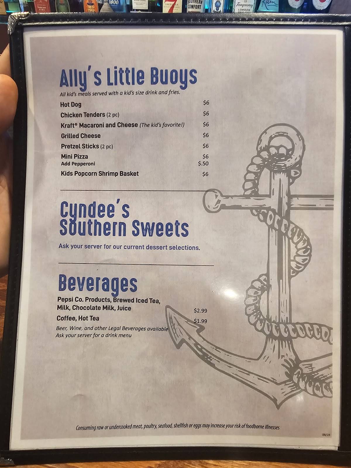 Menu at The Anchor restaurant, Canadohta Lake