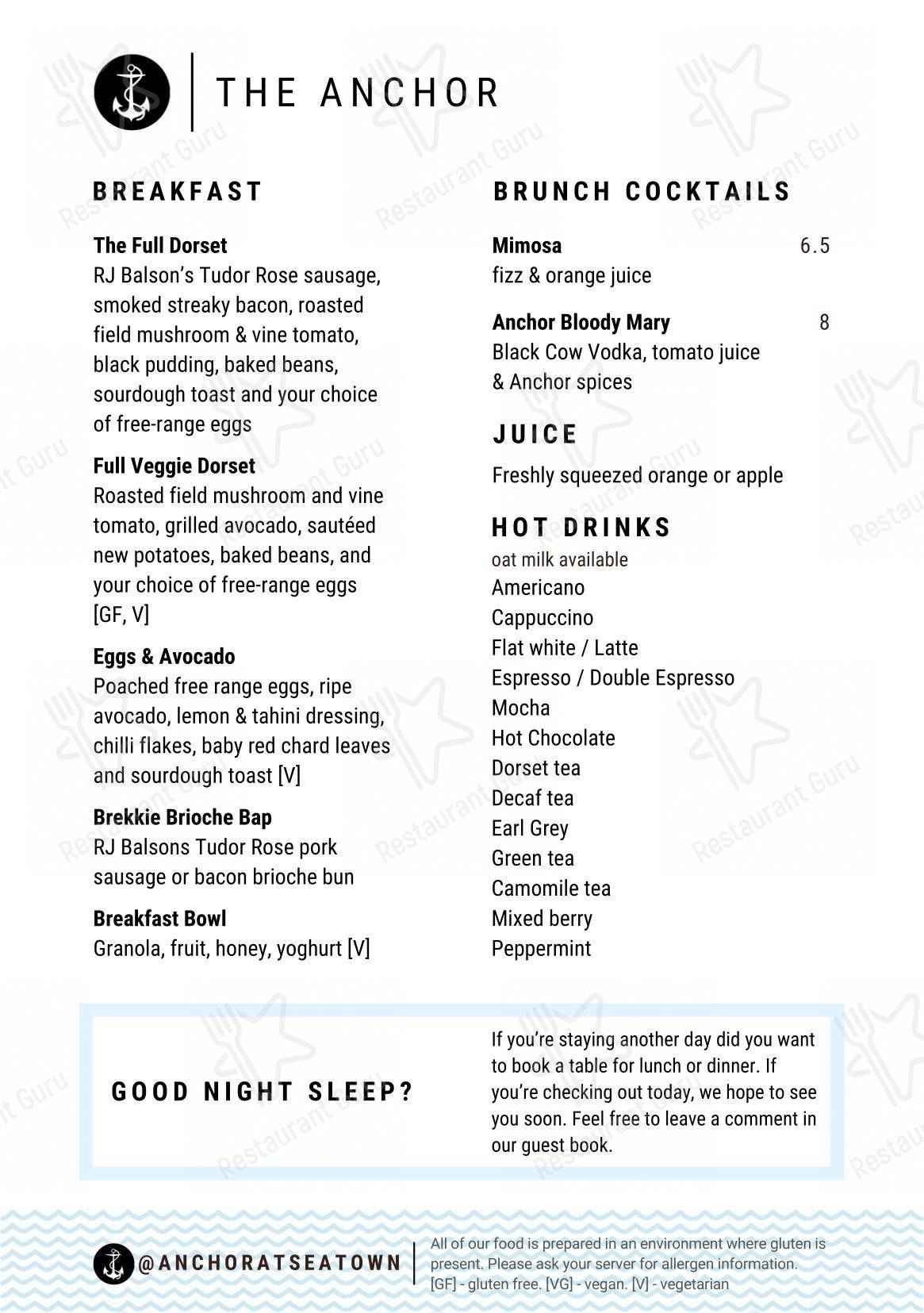 Menu at The Anchor Inn pub & bar, Chideock, Seatown