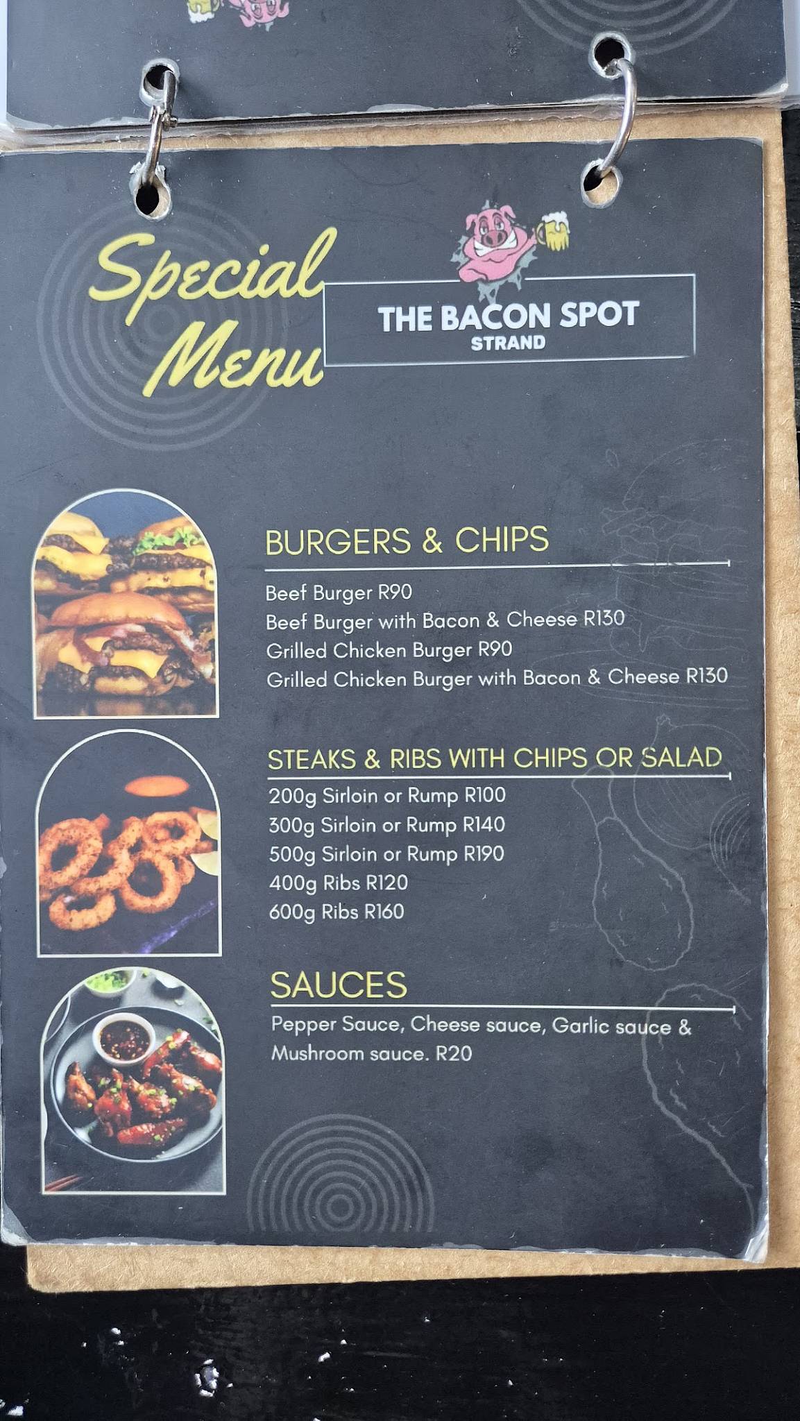 Menu at The Bacon Spot restaurant, Cape Town