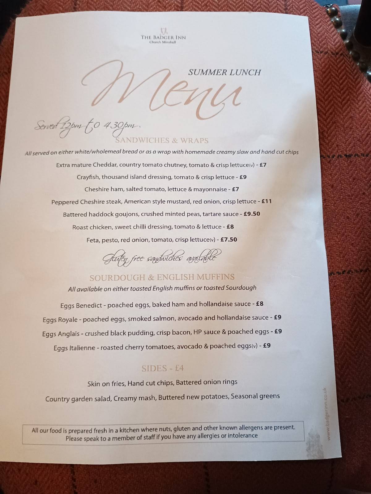 Menu at The Badger Inn pub & bar, Church Minshull