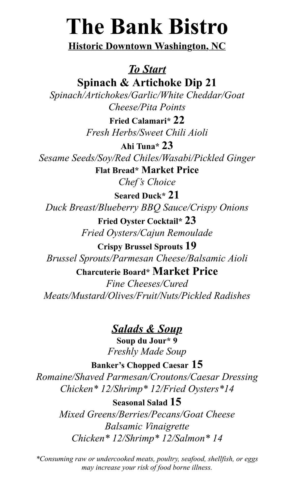 Menu at The Bank Bistro pub & bar, Washington