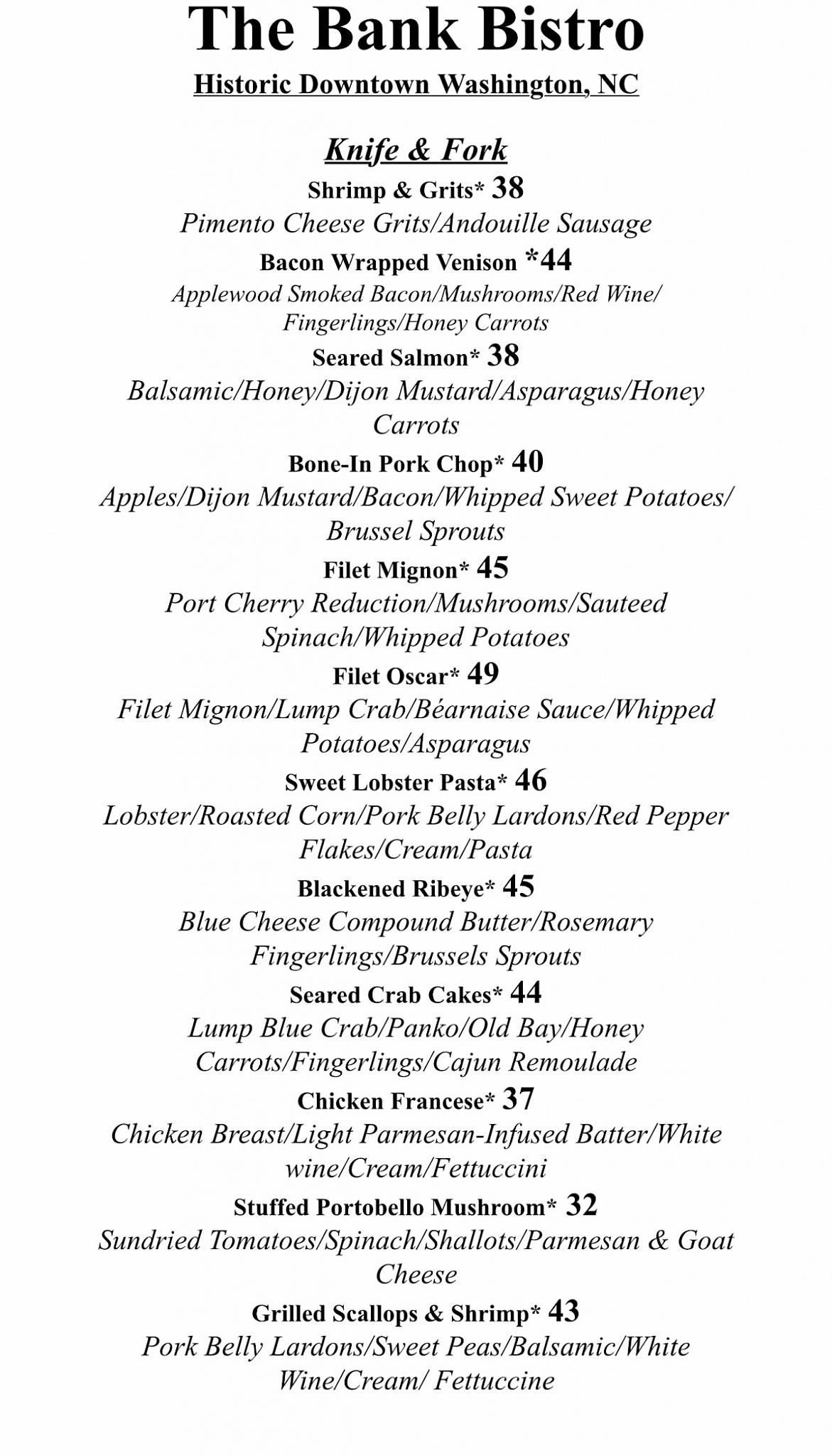 Menu at The Bank Bistro pub & bar, Washington