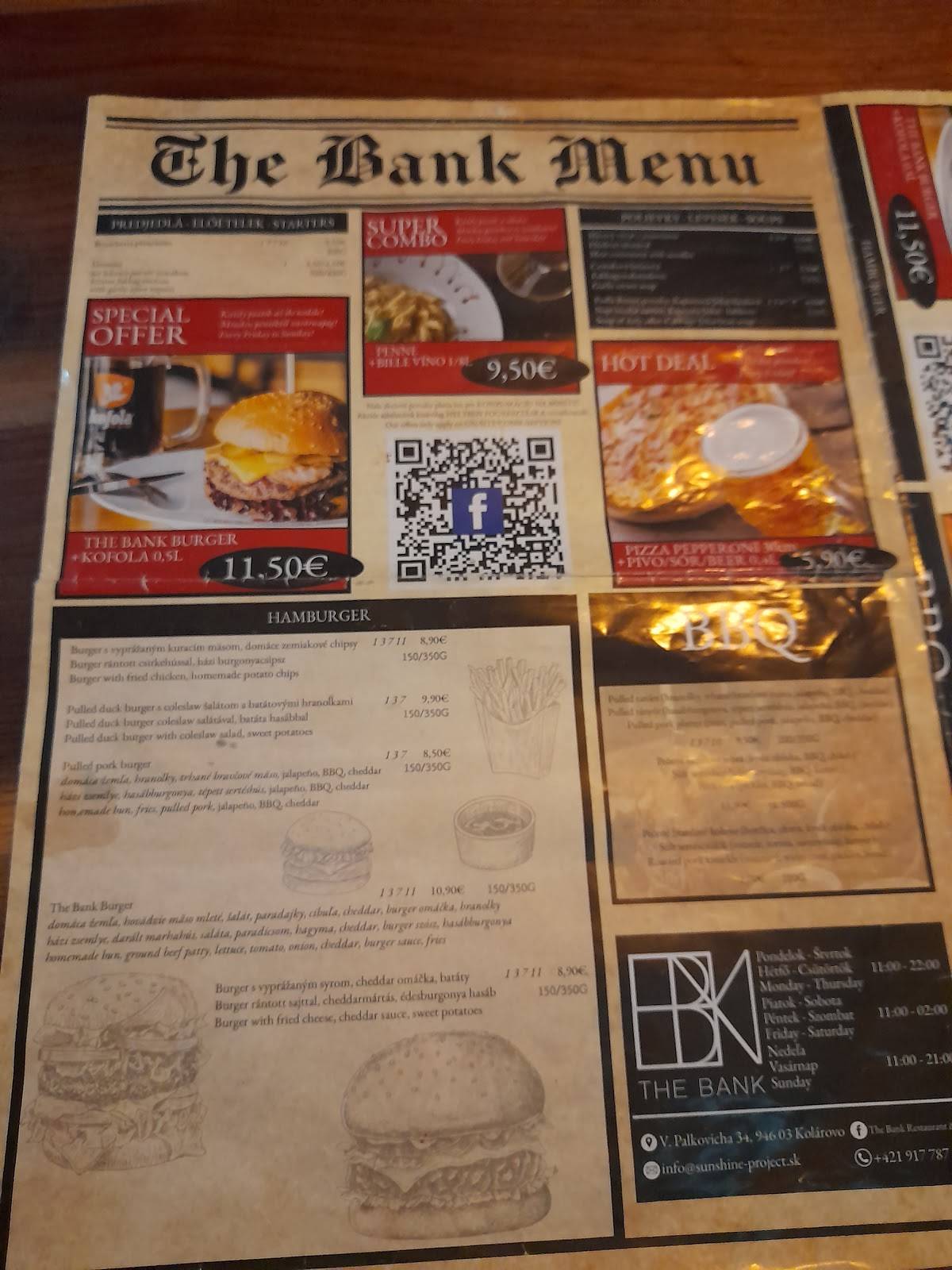 Menu at The Bank restaurant, Kolárovo