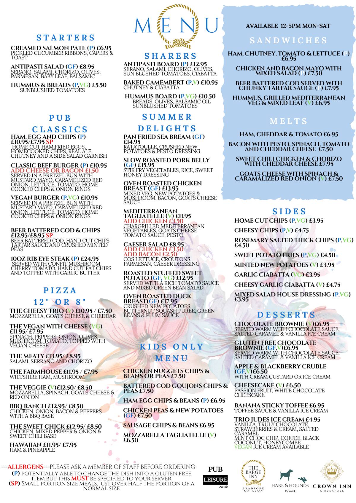 Menu at The Barge Inn, Bradford-on-Avon
