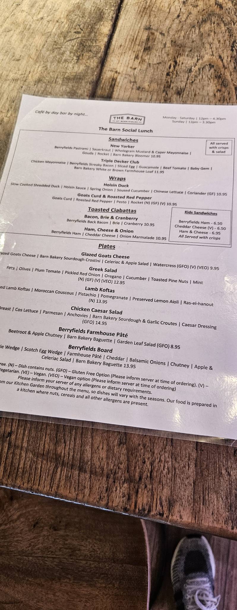 Menu at The Barn At Berryfields, Coventry, Berryfields Farm