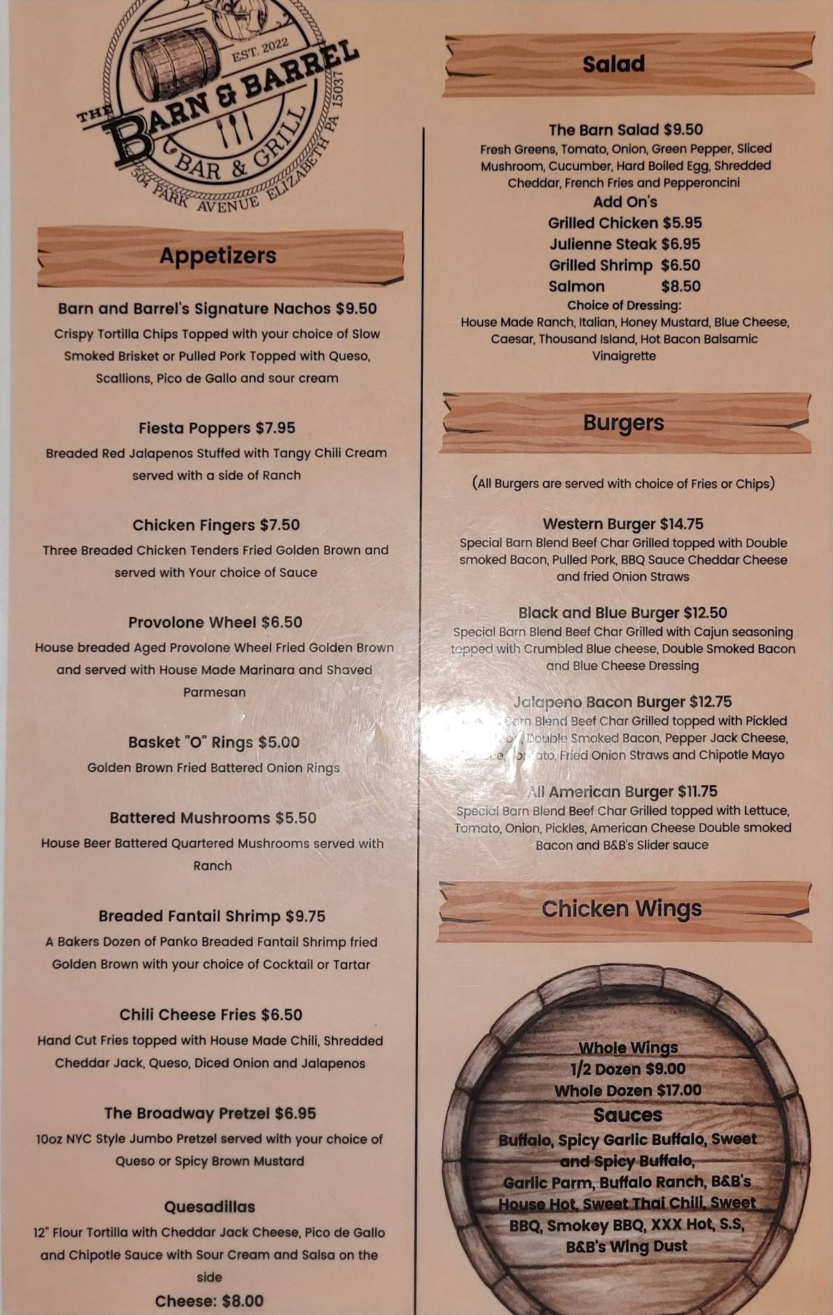 Menu at The Barn & Barrel Bar and Grill, Elizabeth