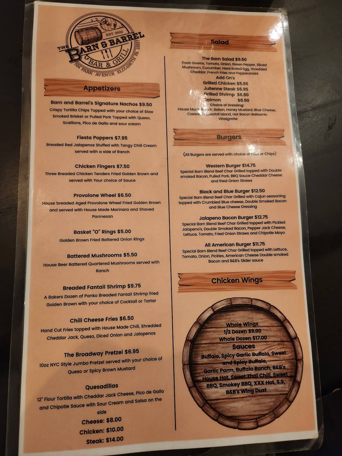 Menu at The Barn & Barrel Bar and Grill, Elizabeth
