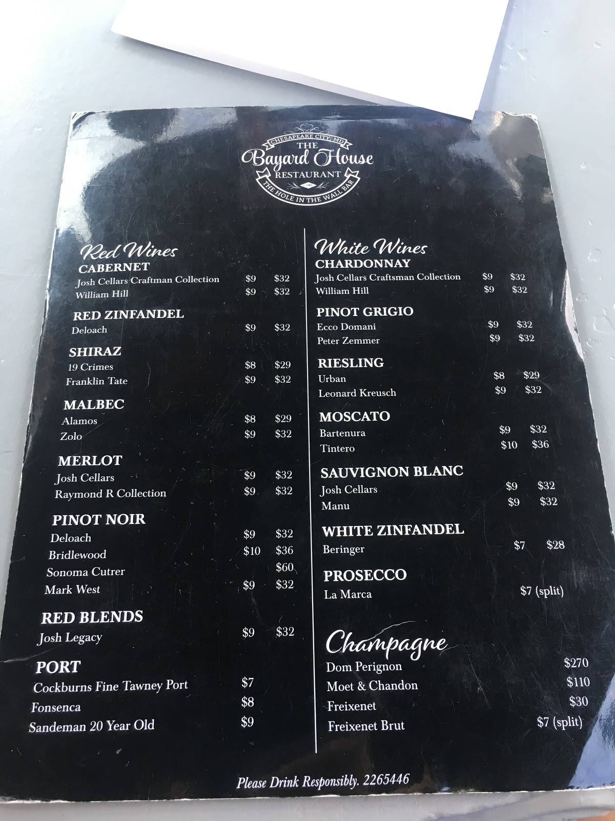 Menu at The Bayard House Restaurant, Chesapeake City