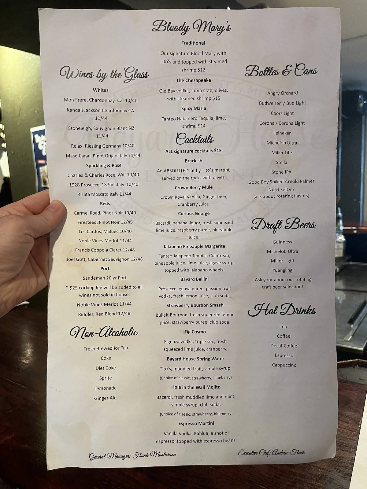 Menu at The Bayard House Restaurant, Chesapeake City