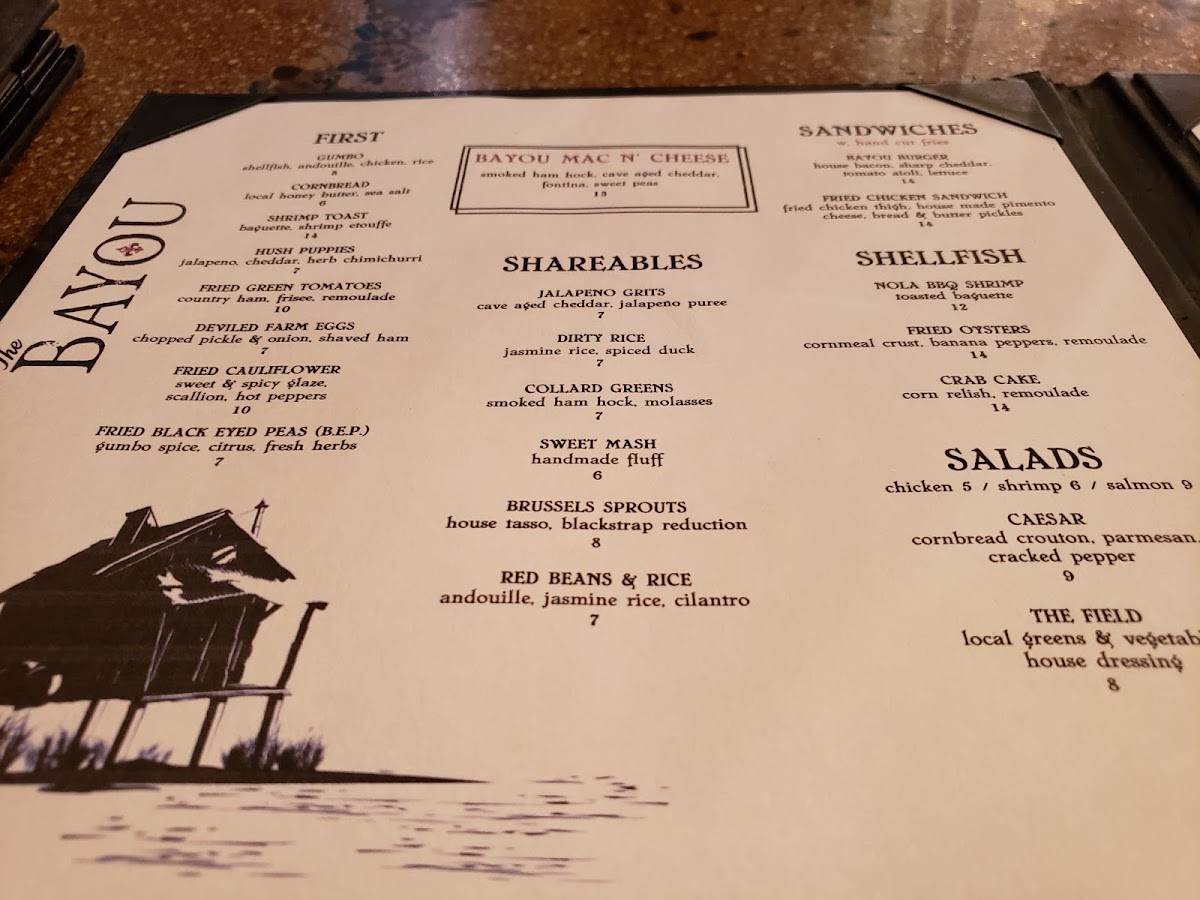 Menu at The Bayou restaurant, Bethlehem