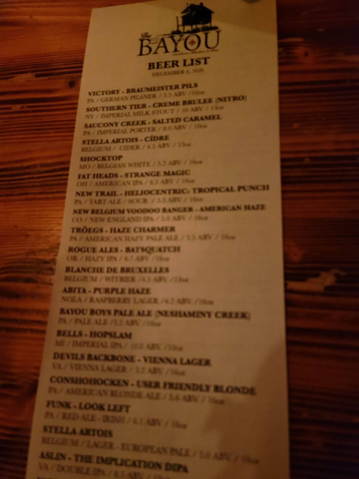 Menu at The Bayou restaurant, Bethlehem