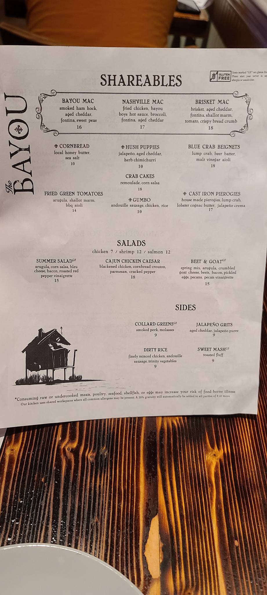 Menu at The Bayou restaurant, Bethlehem