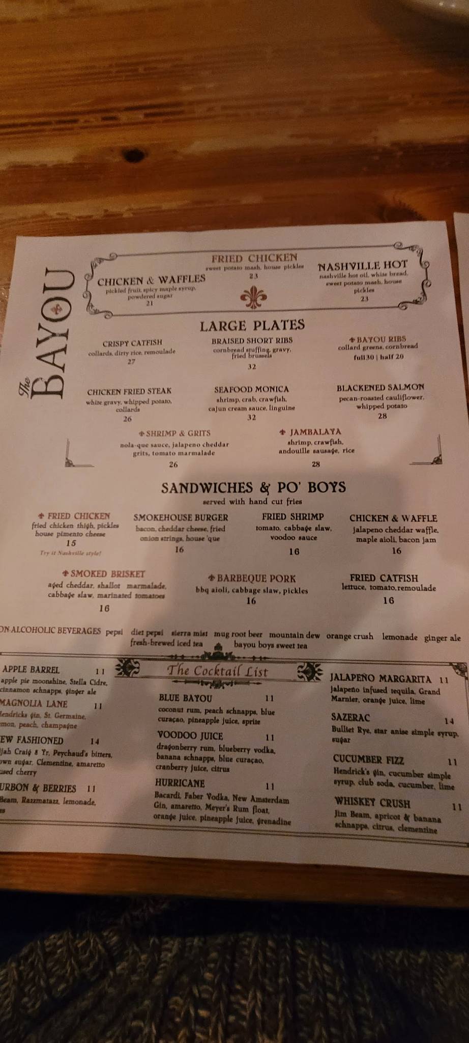 Menu at The Bayou restaurant, Bethlehem