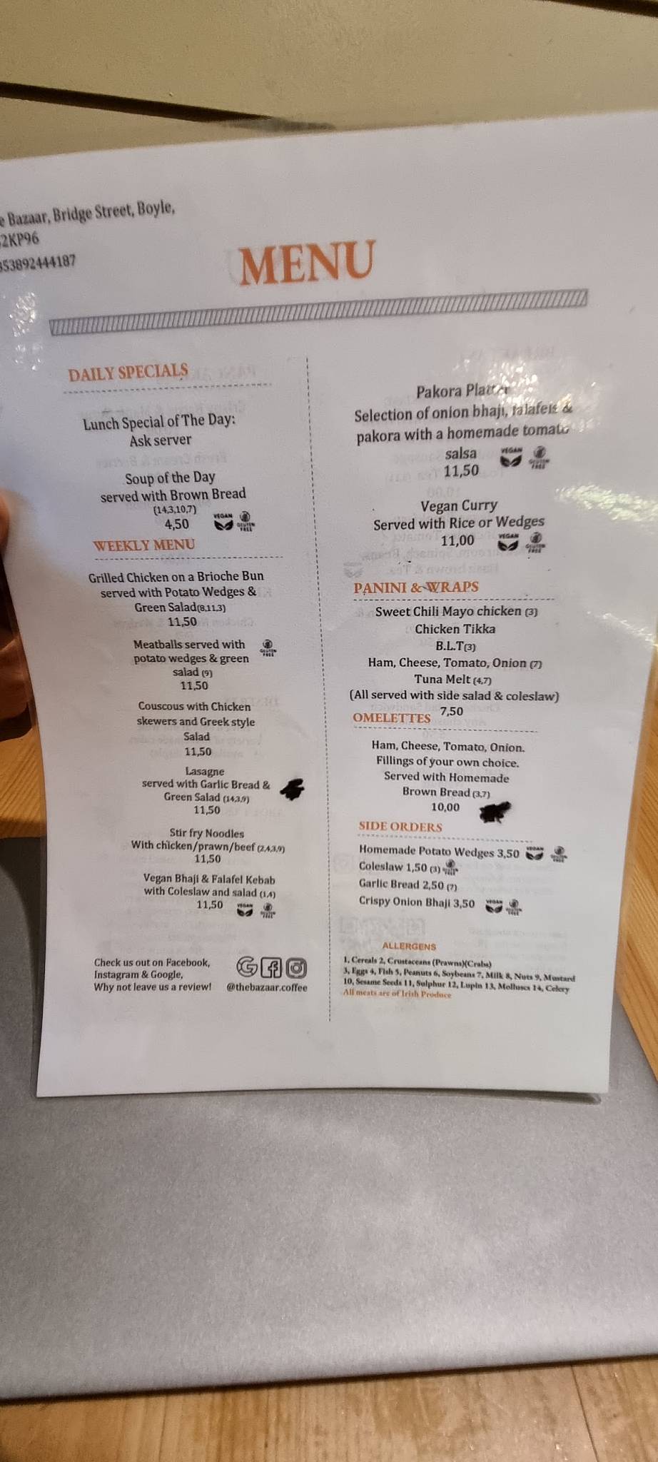 Menu at The Bazaar cafe, Ireland