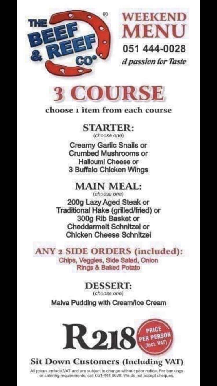 Menu at The Beef 'n Reef restaurant, Bloemfontein, Kenneth Kaunda Rd