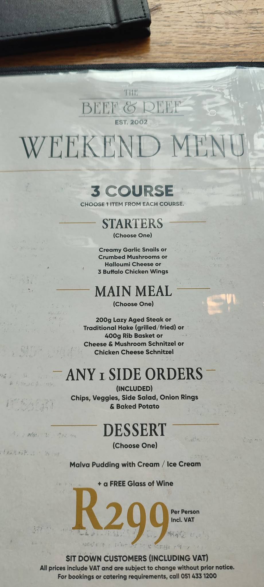 Menu at The Beef 'n Reef restaurant, Bloemfontein, Kenneth Kaunda Rd