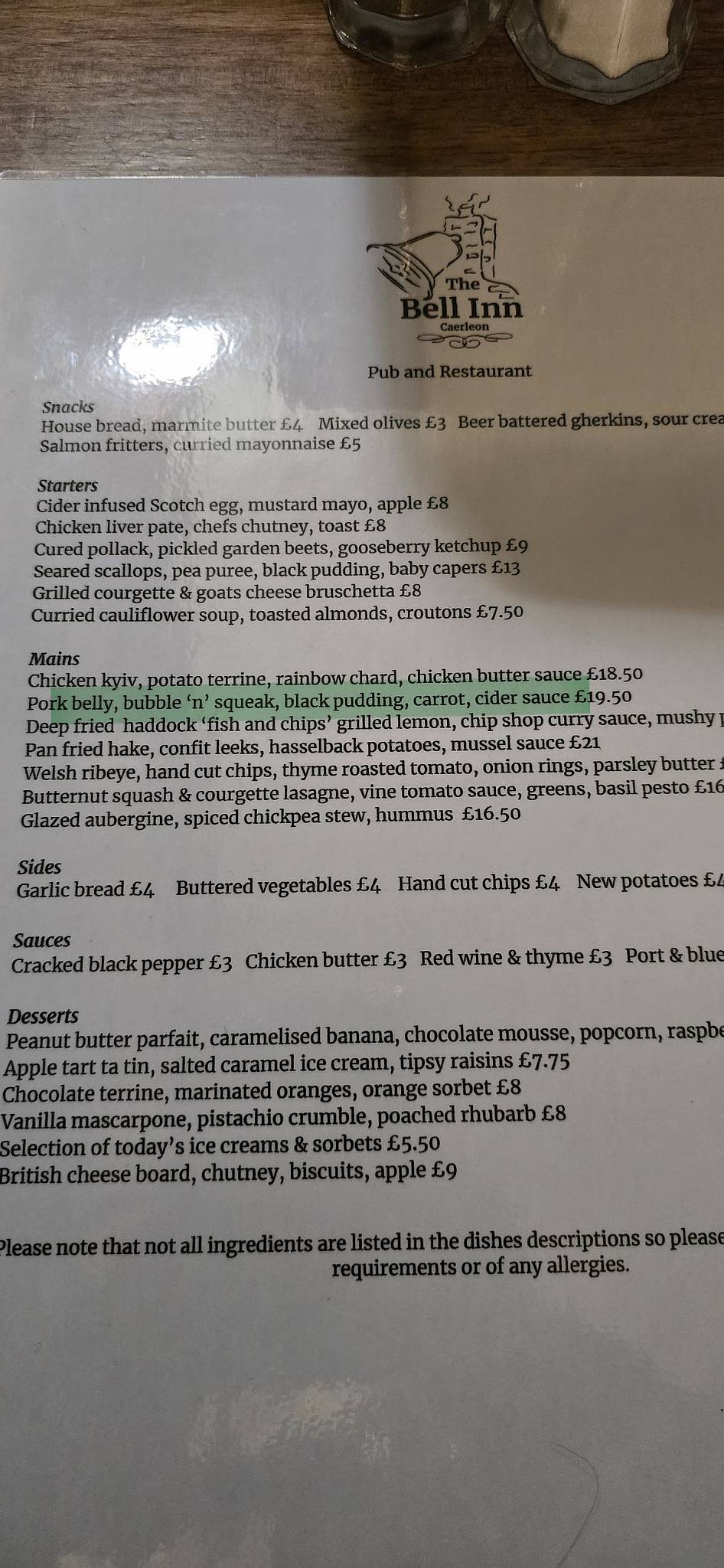 Menu at The Bell Inn restaurant, Newport