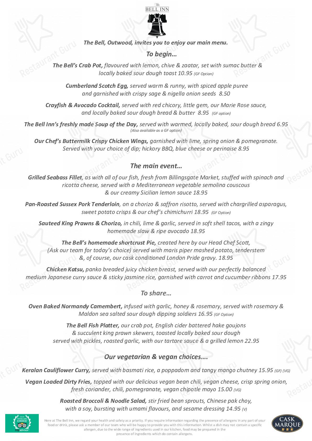 Carta del restaurante The Bell Inn, Outwood, Surrey. RH1 5PN, Outwood