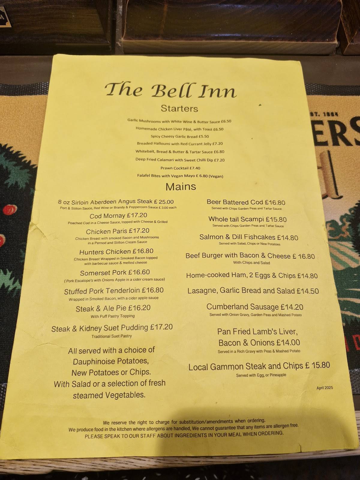 Menu at The Bell Inn pub & bar, Yatton Keynell, High Street