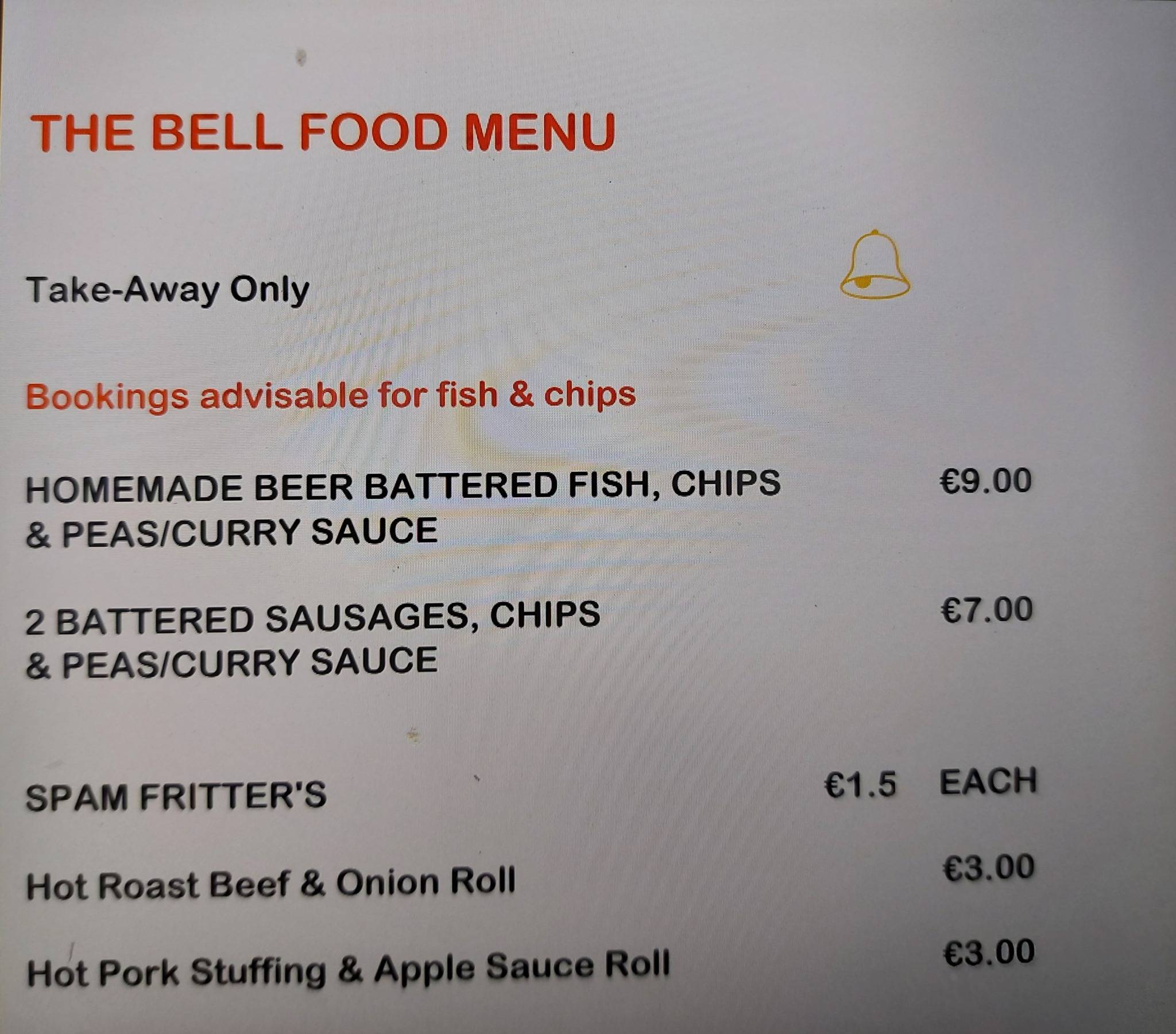 Menu at The Bell pub & bar, Saint Paul's Bay