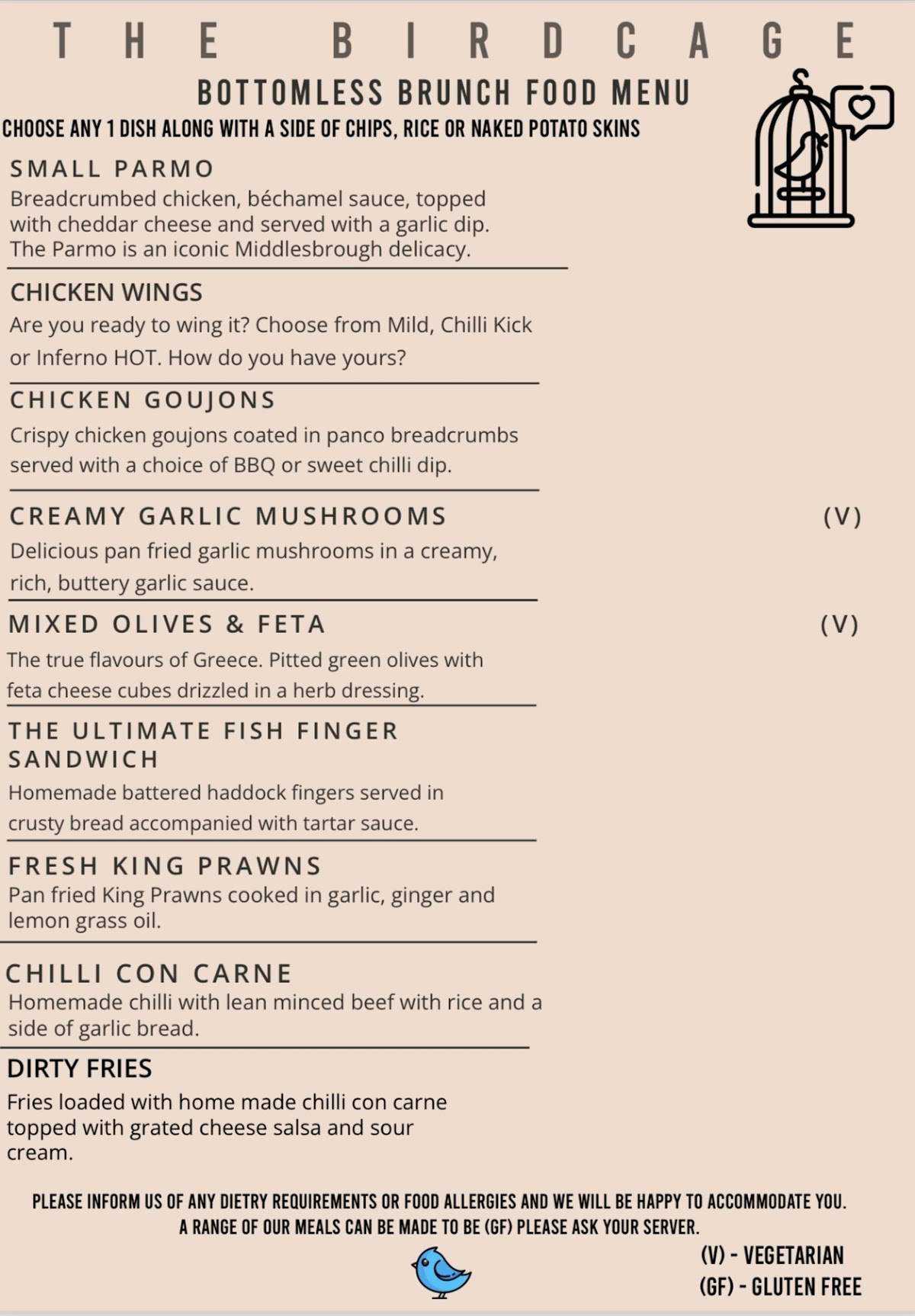 Menu at The Birdcage Middlesbrough restaurant, Middlesbrough