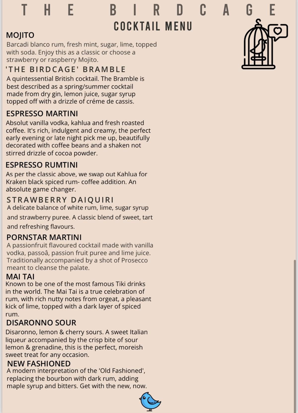 Menu at The Birdcage Middlesbrough restaurant, Middlesbrough
