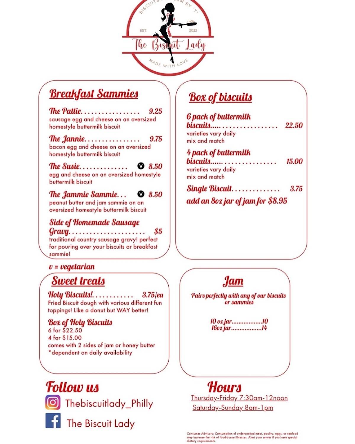 Menu at The Biscuit Lady, Philadelphia