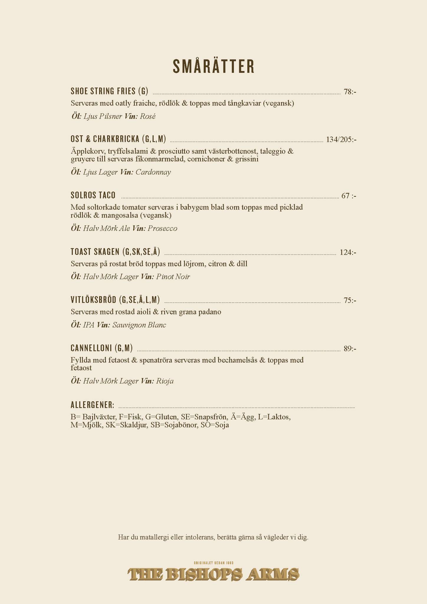 Menu at The Bishops Arms restaurant, Hässleholm