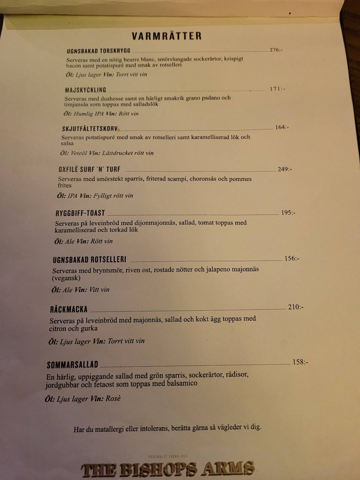 Menu at The Bishops Arms restaurant, Hässleholm