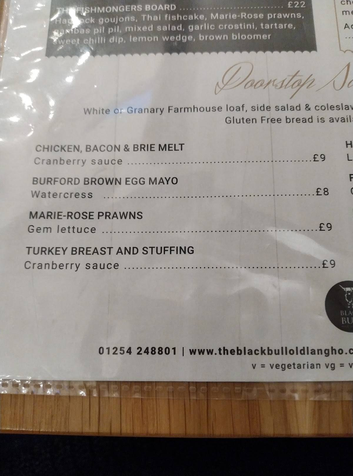 Menu at The Black Bull Inn & Restaurant, Blackburn, Old Langho Rd