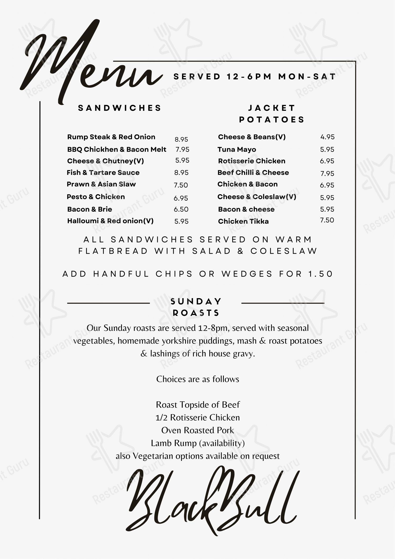 Menu at The Black Bull at Midgley pub & bar, Wakefield