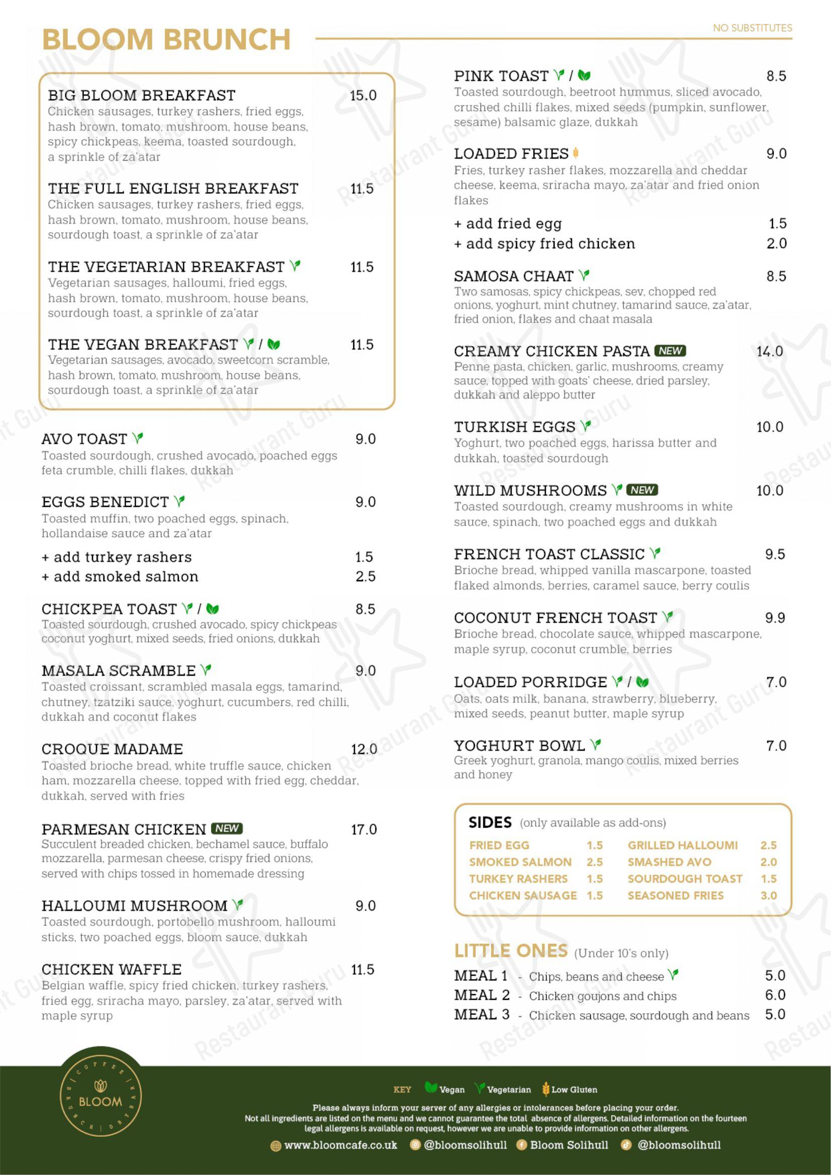 Menu at The Bloom Cafes, Solihull, 73 Hobs Moat Rd