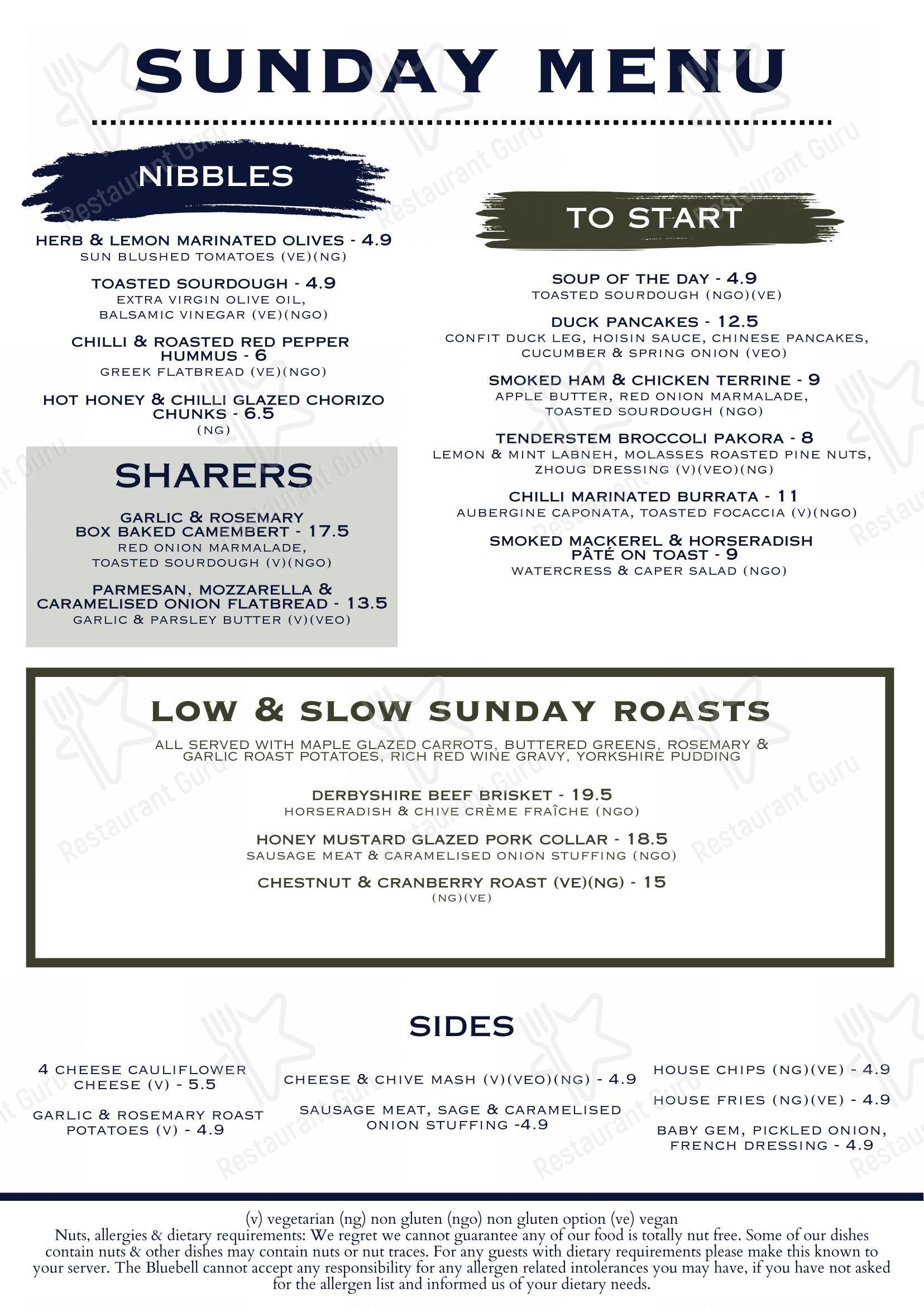 Menu at The Bluebell Inn pub & bar, Kirk Langley, Adam's Rd
