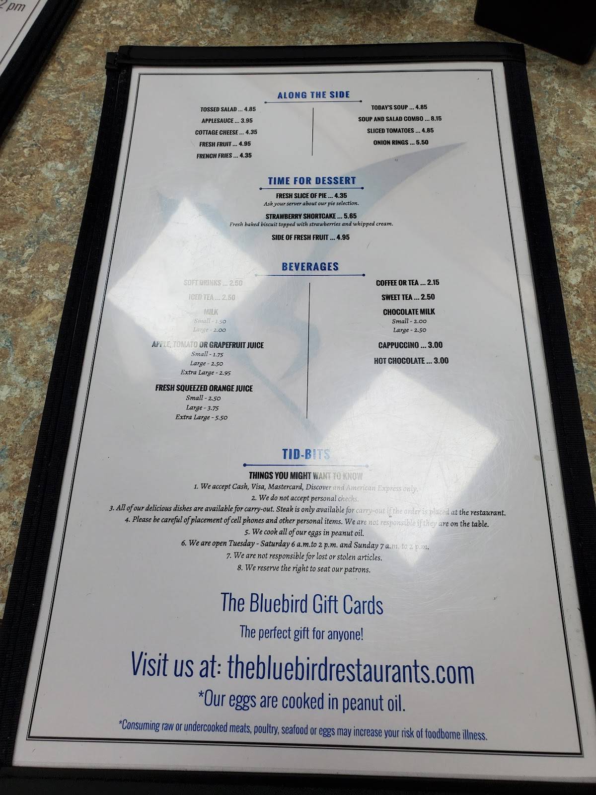 Menu at The Bluebird Restaurant, Fort Wayne
