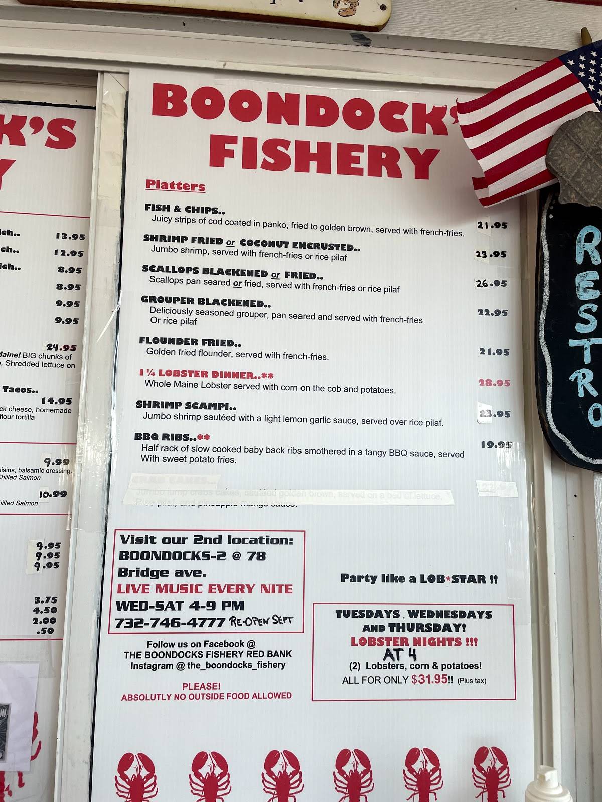 Menu at The BoonDocks Fishery restaurant, Red Bank