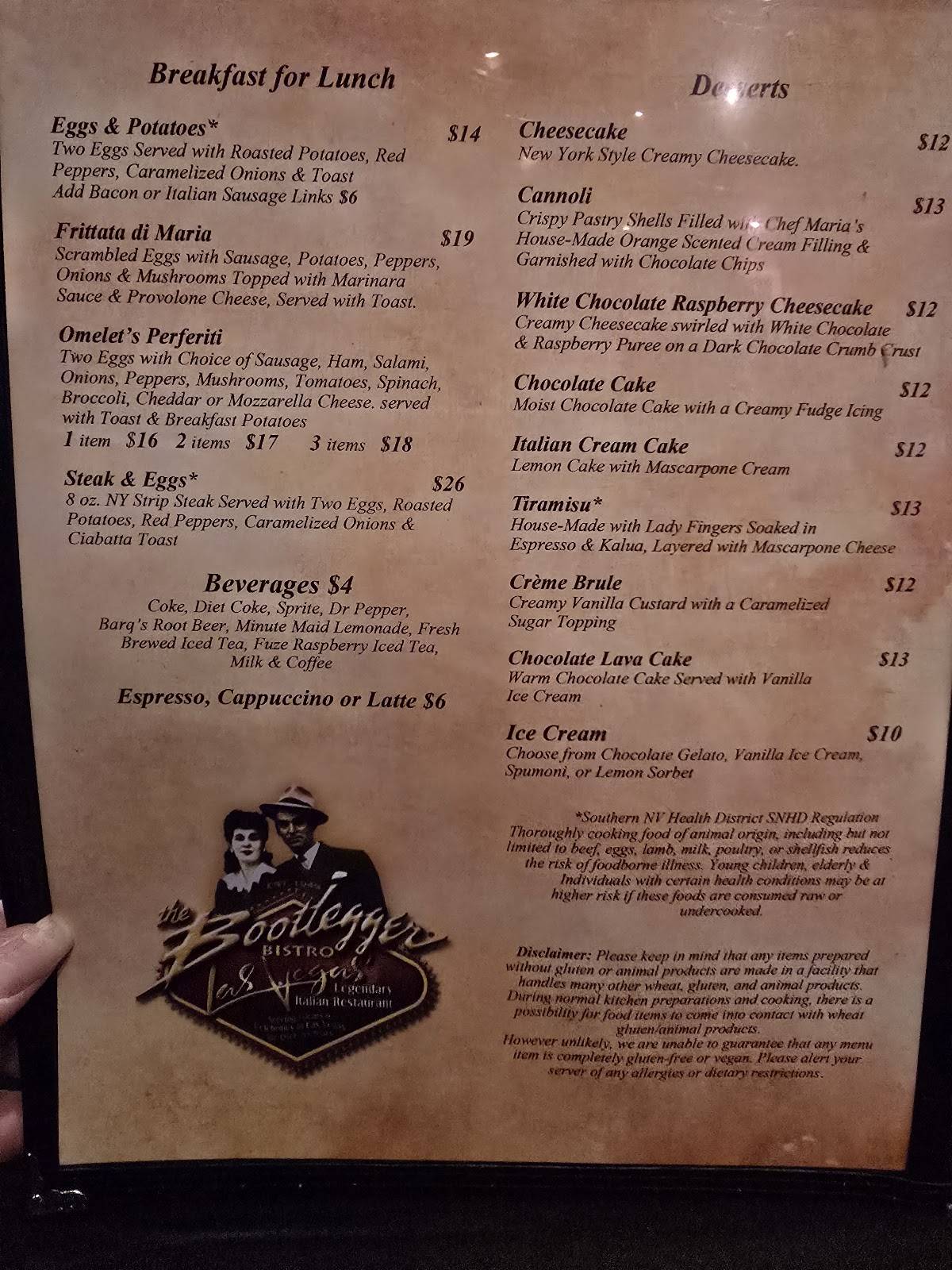 Menu at The Bootlegger Italian Bistro restaurant, Las Vegas