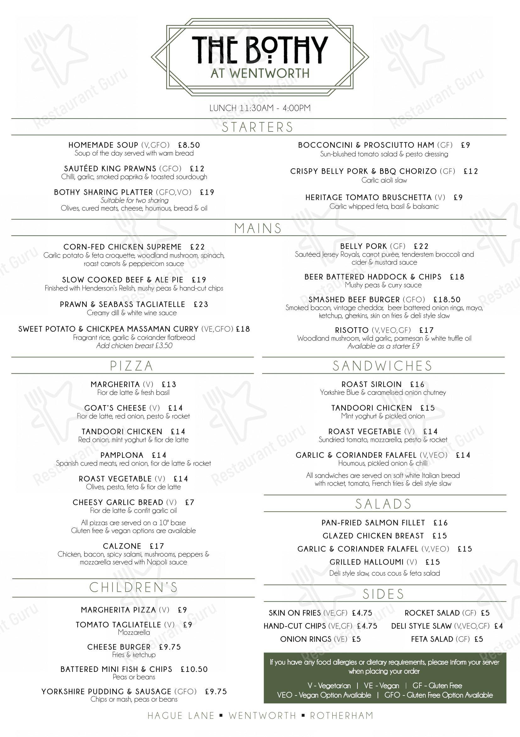 Menu at The Bothy restaurant, Rotherham