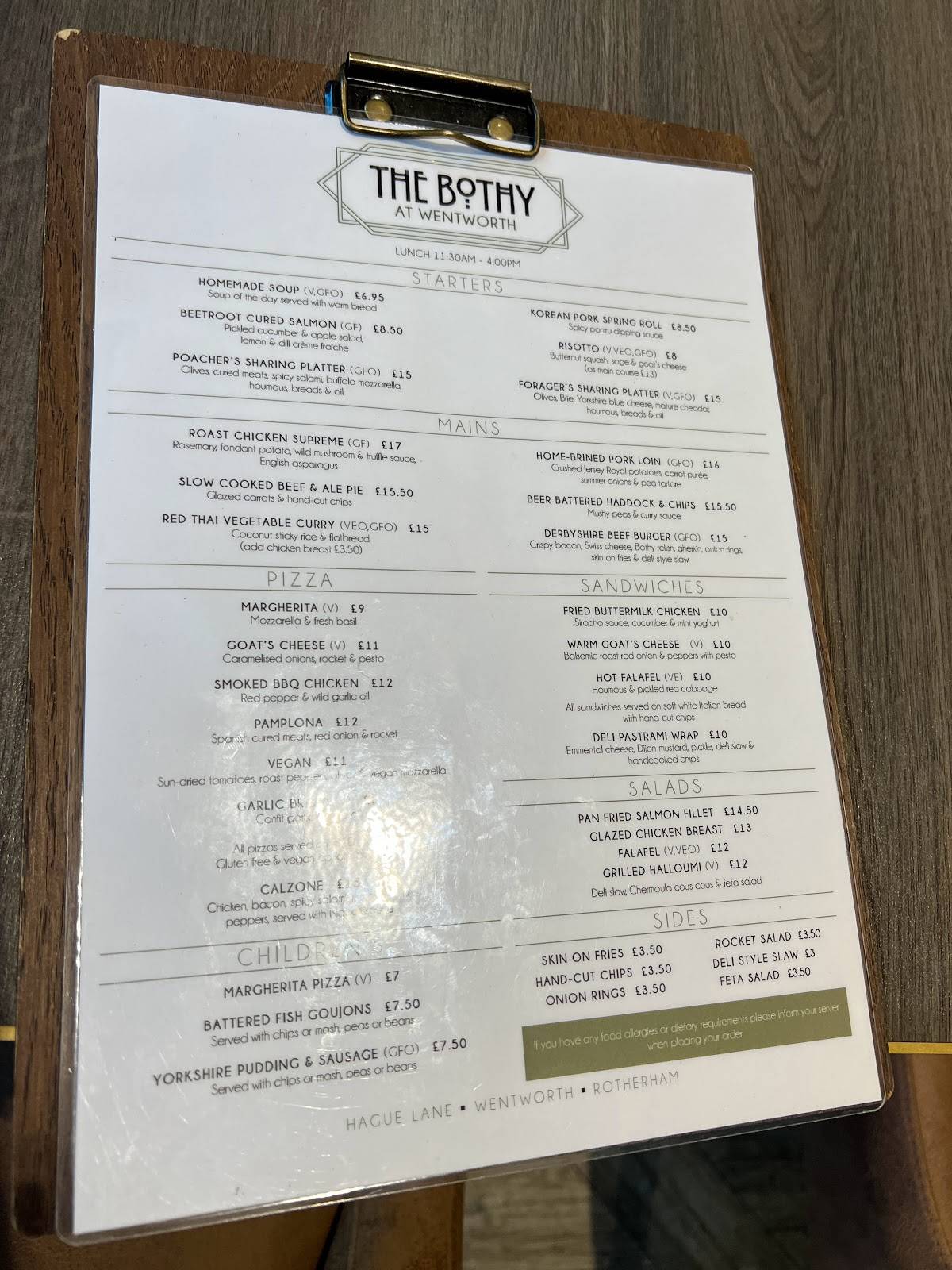 Menu at The Bothy restaurant, Rotherham