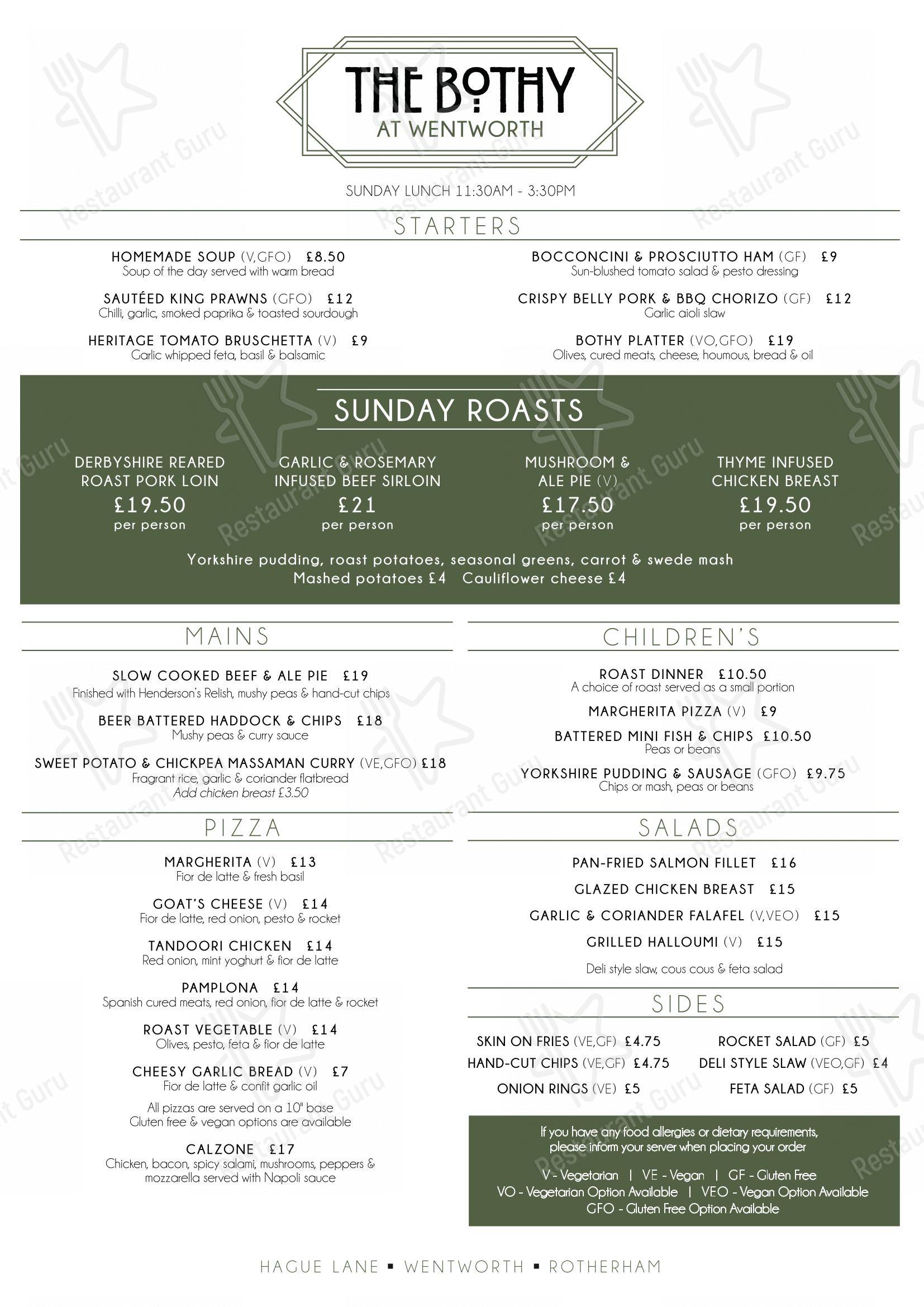 Menu at The Bothy restaurant, Rotherham