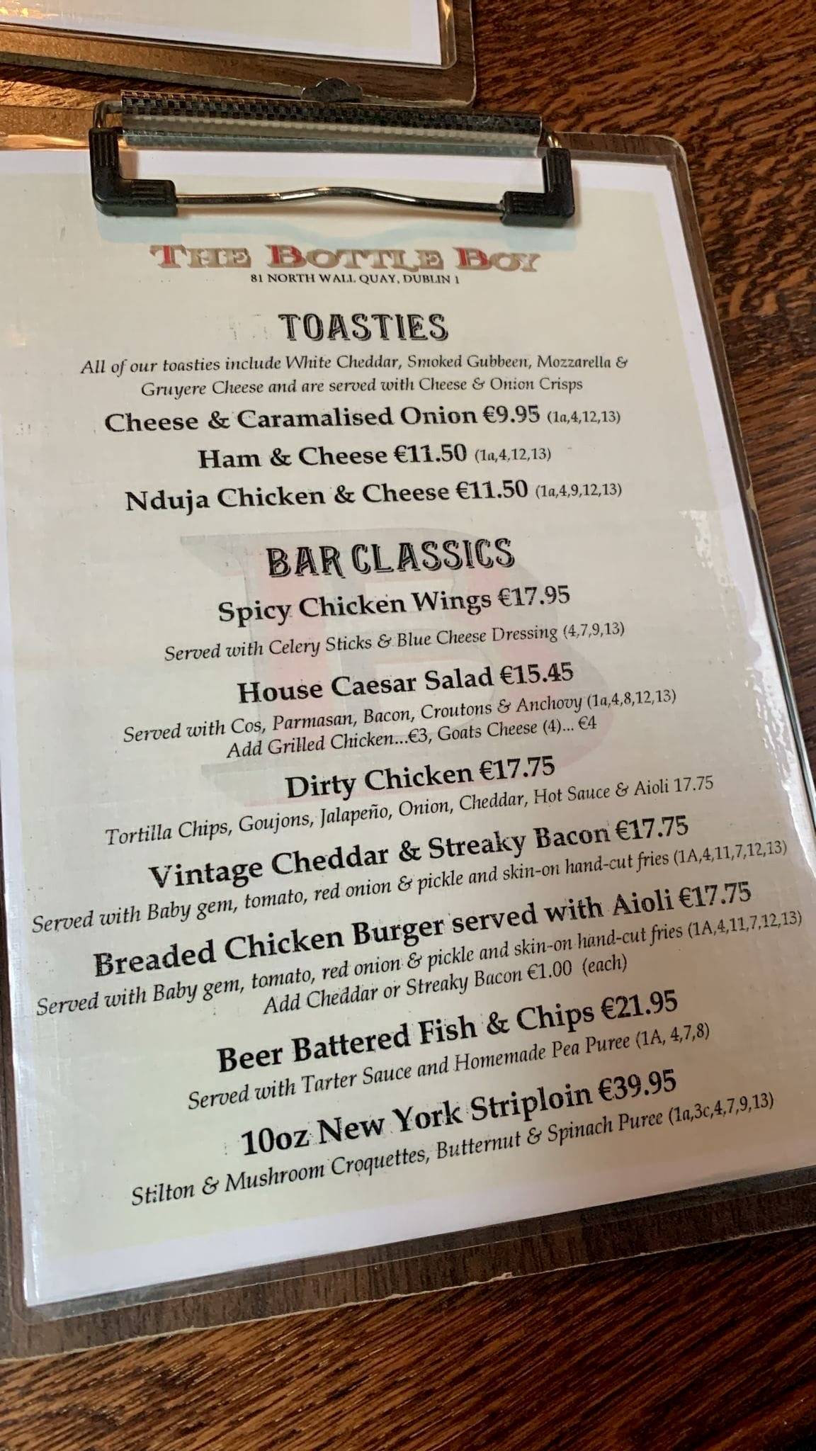 Menu at The Bottle Boy pub & bar, Dublin