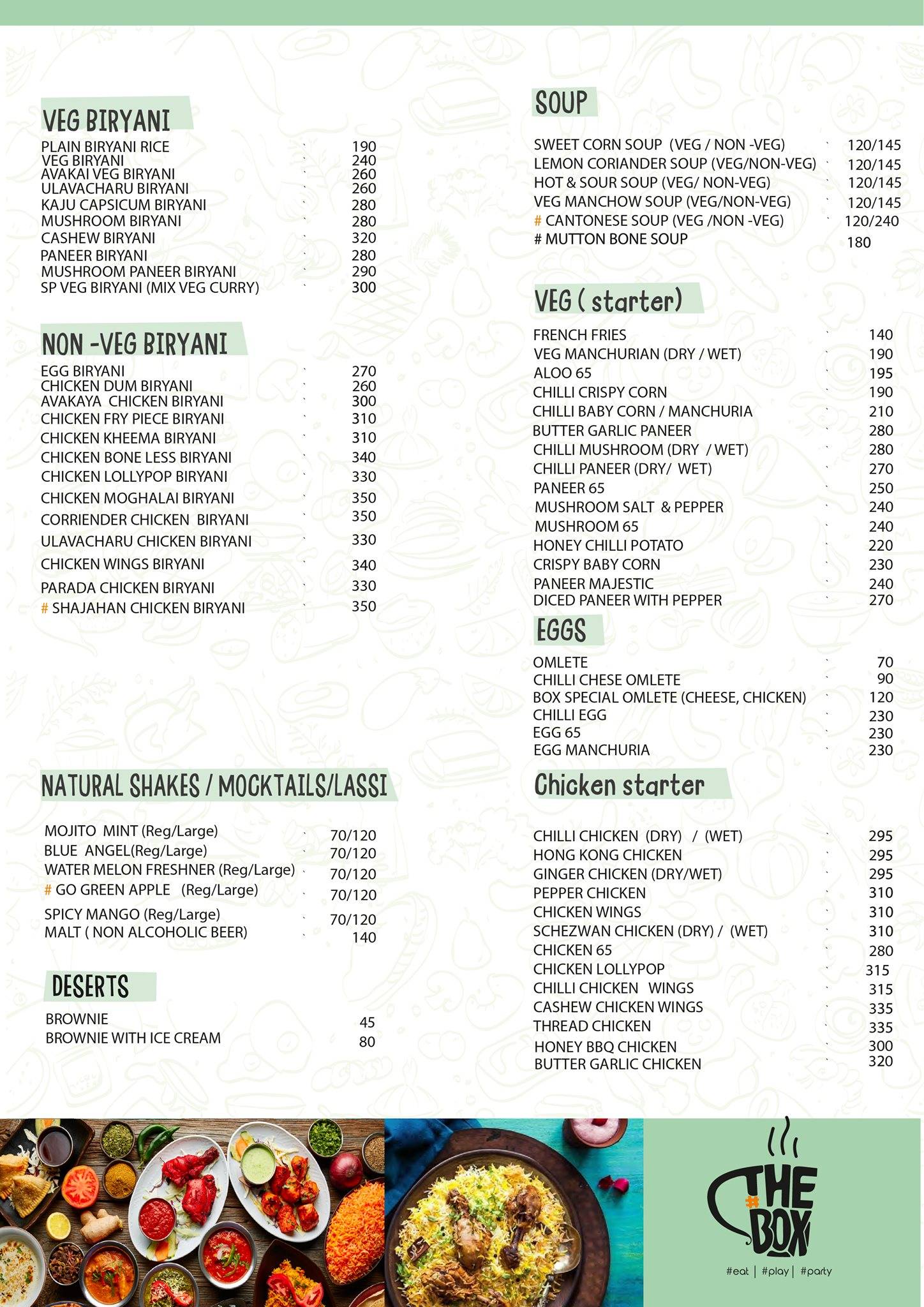 Menu at The Box, Madurai