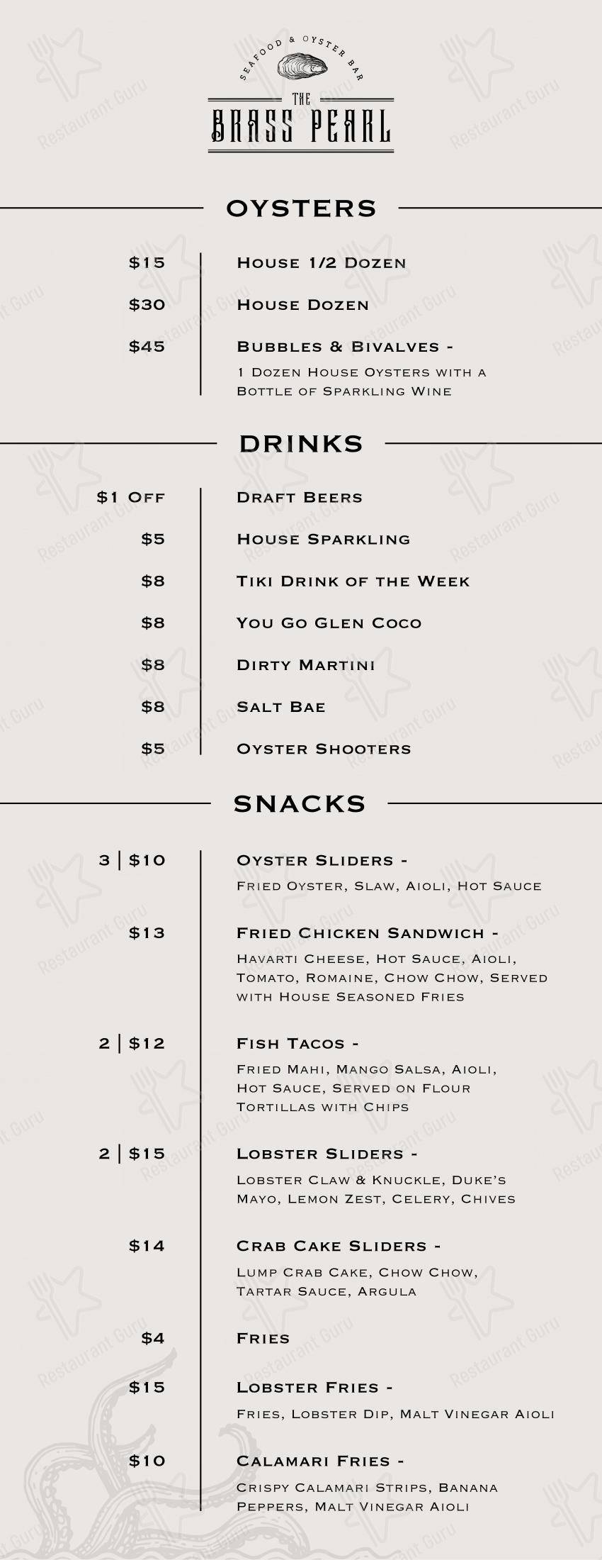Menu at The Brass Pearl pub & bar, Knoxville