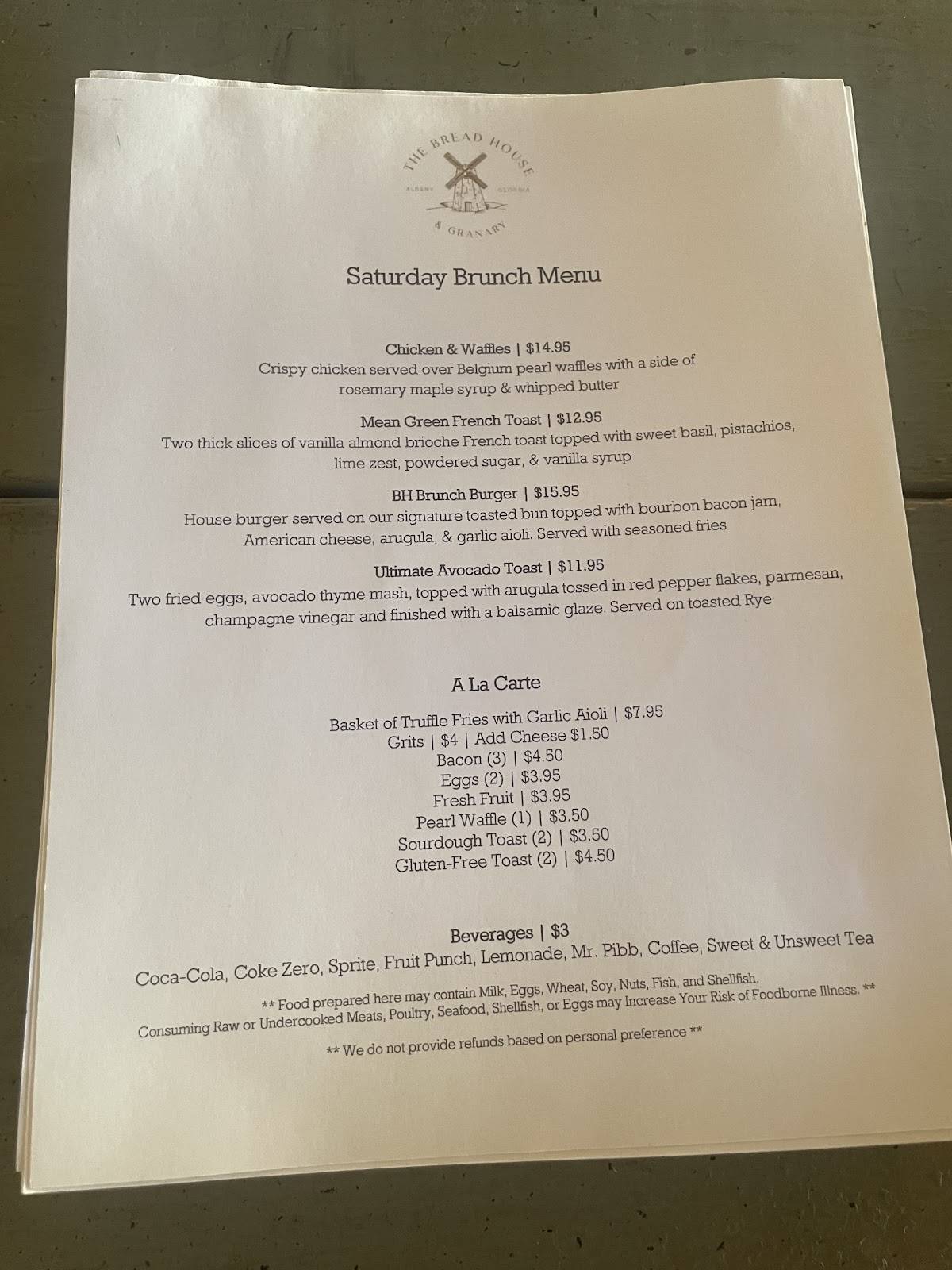 Menu at The Bread House restaurant, Albany