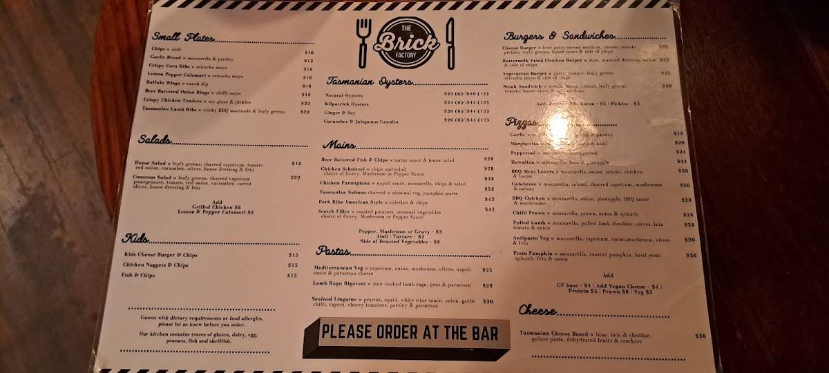 Menu at The Brick Factory pub & bar, Hobart