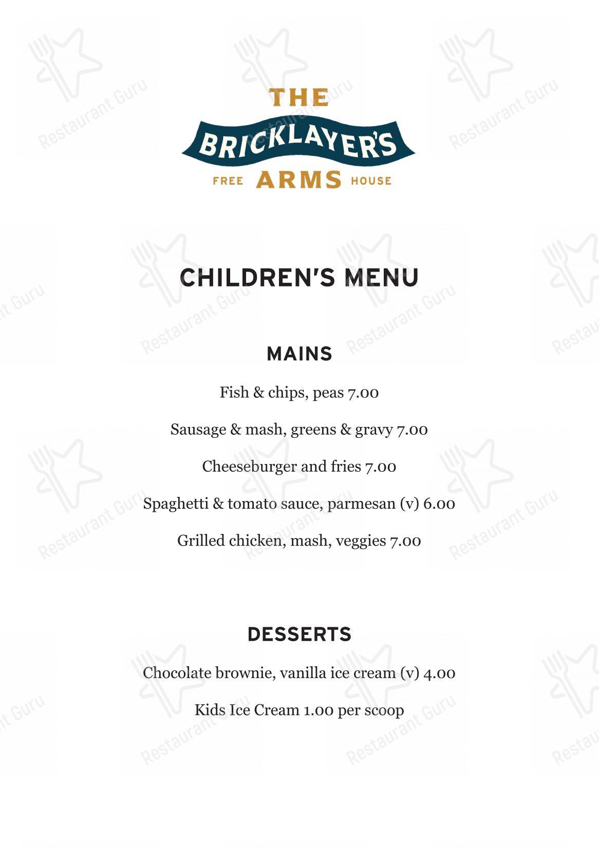 Menu at The Bricklayer's Arms pub & bar, Hersham